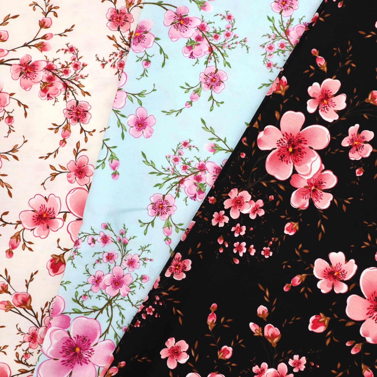 Beautiful Sakura Cotton Fabric - Sakura Flowers Printed on Black, Blue ...
