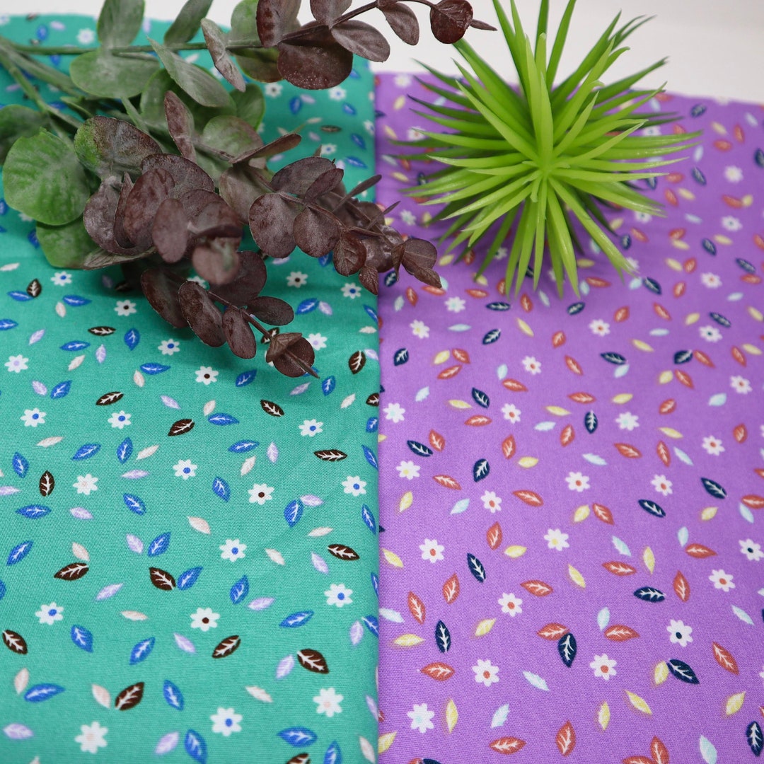 Cute Floral Printed Cotton Fabric - Leaves and Flowers Printed on Green ...