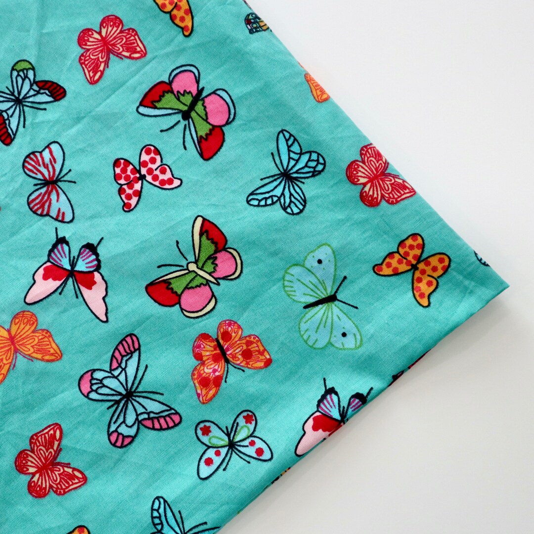 Colorful Butterfly Fabric - Butterfly Printed on Turquoise Background ...