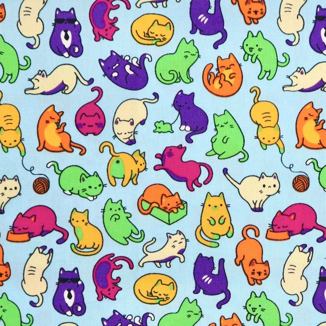 Cute Colorful Cats Printed Cotton Fabric Multicolor Cat | Etsy