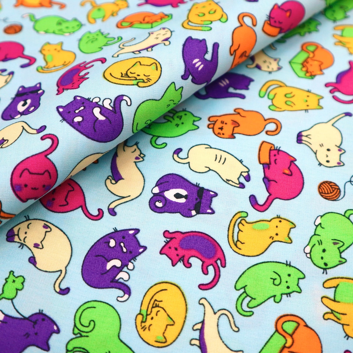 Cute Colorful Cats Printed Cotton Fabric Multicolor Cat | Etsy