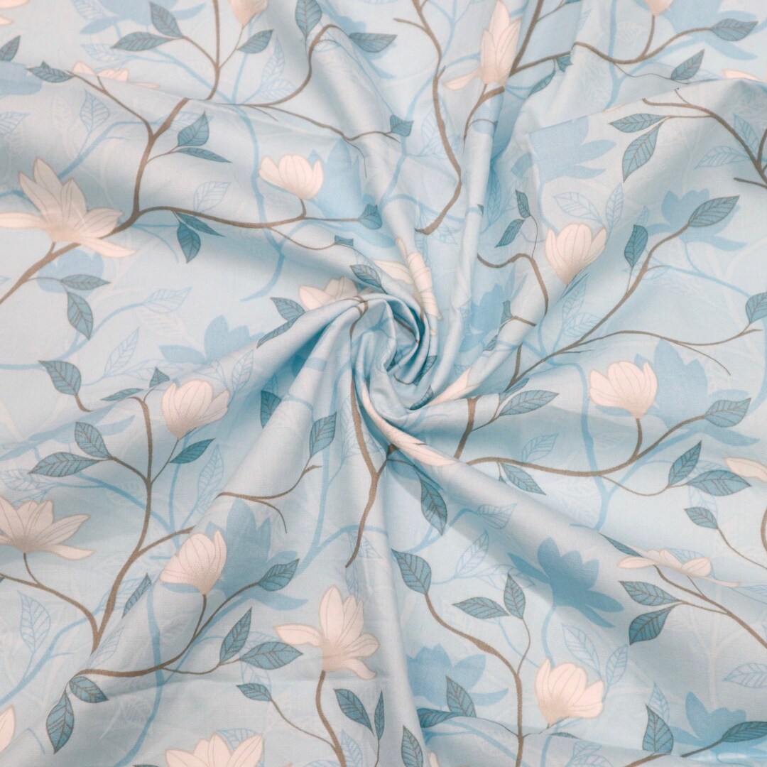 Floral Cotton Fabric - White Flower on Light Blue Background Fabric ...