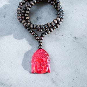 Red Buddha Pendant Necklace With Dark Wood Beads - Etsy