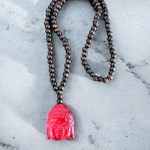 Red Buddha Pendant Necklace With Dark Wood Beads - Etsy