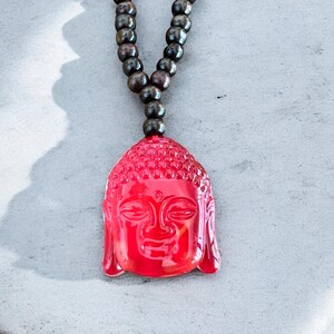 Red Buddha Pendant Necklace With Dark Wood Beads - Etsy