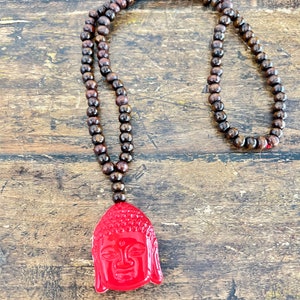 Red Buddha Pendant Necklace With Dark Wood Beads - Etsy