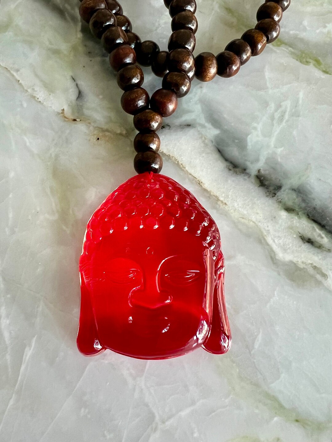 Red Buddha Pendant Necklace With Dark Wood Beads - Etsy