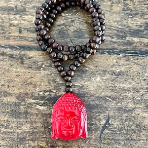 Red Buddha Pendant Necklace With Dark Wood Beads - Etsy