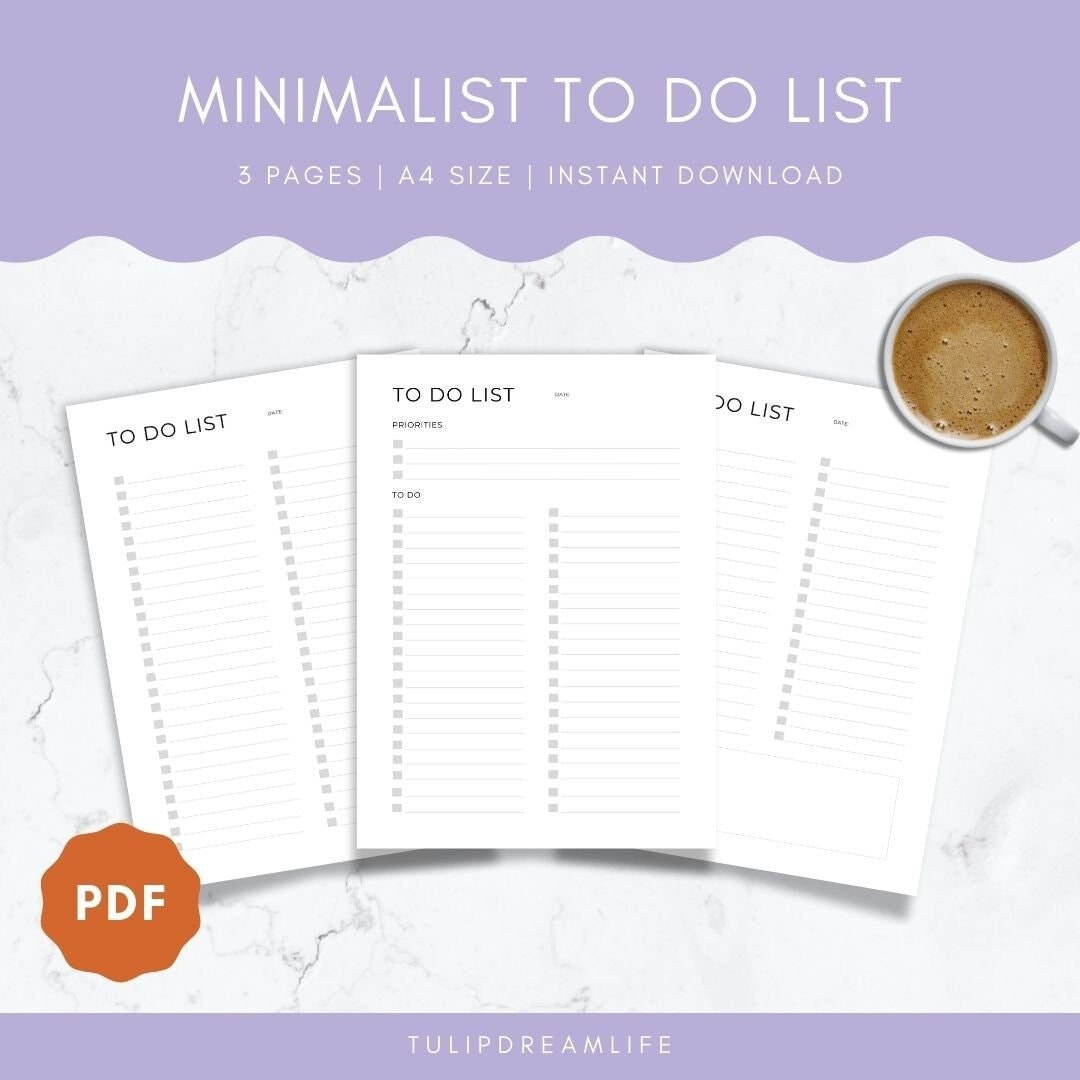 Minimalist Todo List Printable, Instant Download to Do List in PDF A4 ...