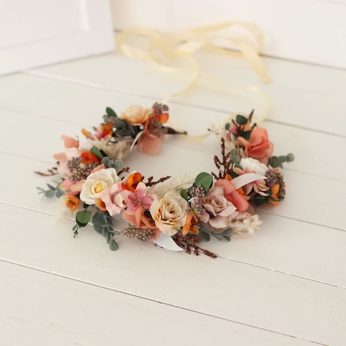 Rust Orange Flower Crown Fall Wedding Crown Boho Floral - Etsy