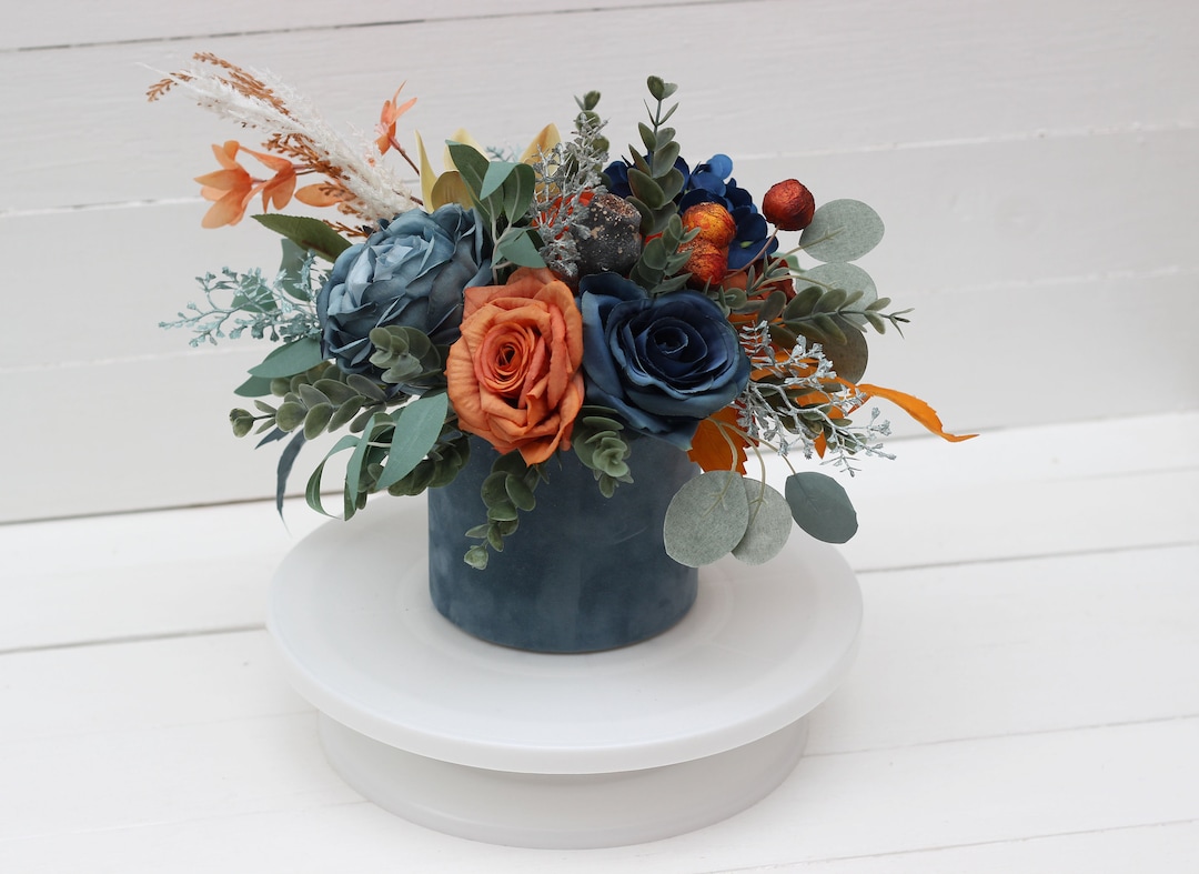 Dark Teal Rust Centerpiece Navy Blue Orange Flowers Fall Wedding Boho ...
