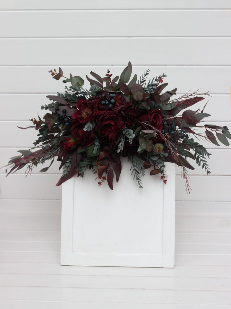 Moody Burgundy Arch Arrangement With Eucalyptus Arch Flowers Fall ...