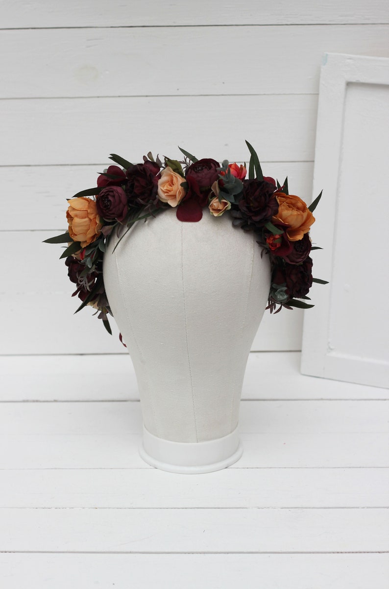 Burgundy burnt orange floral crown Rust floral wreath Wedding | Etsy