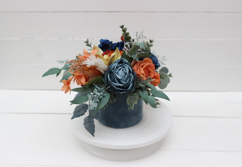 Dark Teal Rust Centerpiece Navy Blue Orange Flowers Fall Wedding Boho ...