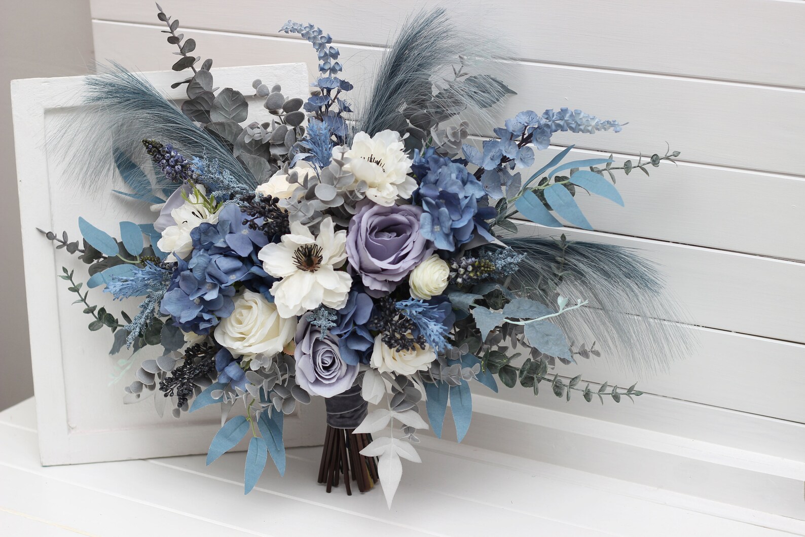 Dusty Blue White Ivory Gray Bridal Bouquet Anemones Bouquet Bridesmaid ...
