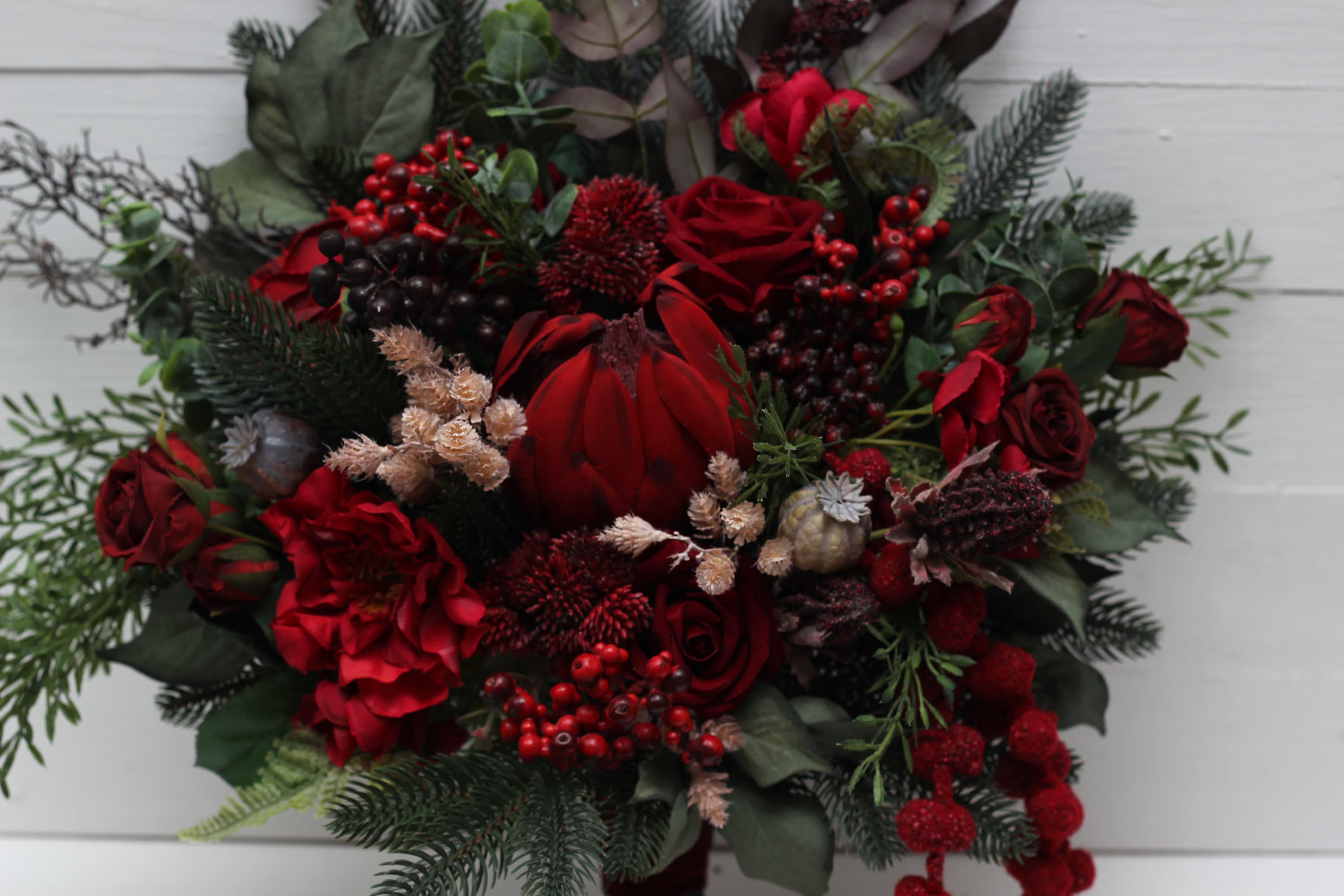 Winter Pine Bouquet Red Protea Bouquet Faux Cones Bouquet Classic ...