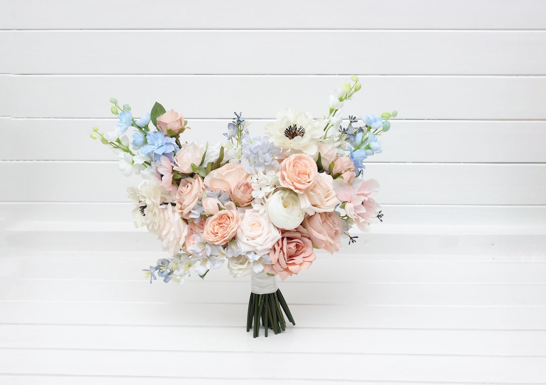 Soft Pastel Bridal Bouquet Blush Pink White Dusty Blue Bouquet Summer ...