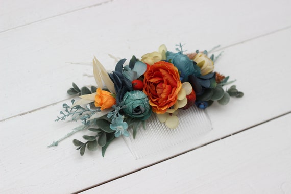 Dark Teal Rust Flowers Navy Blue Orange Accessories Floral - Etsy