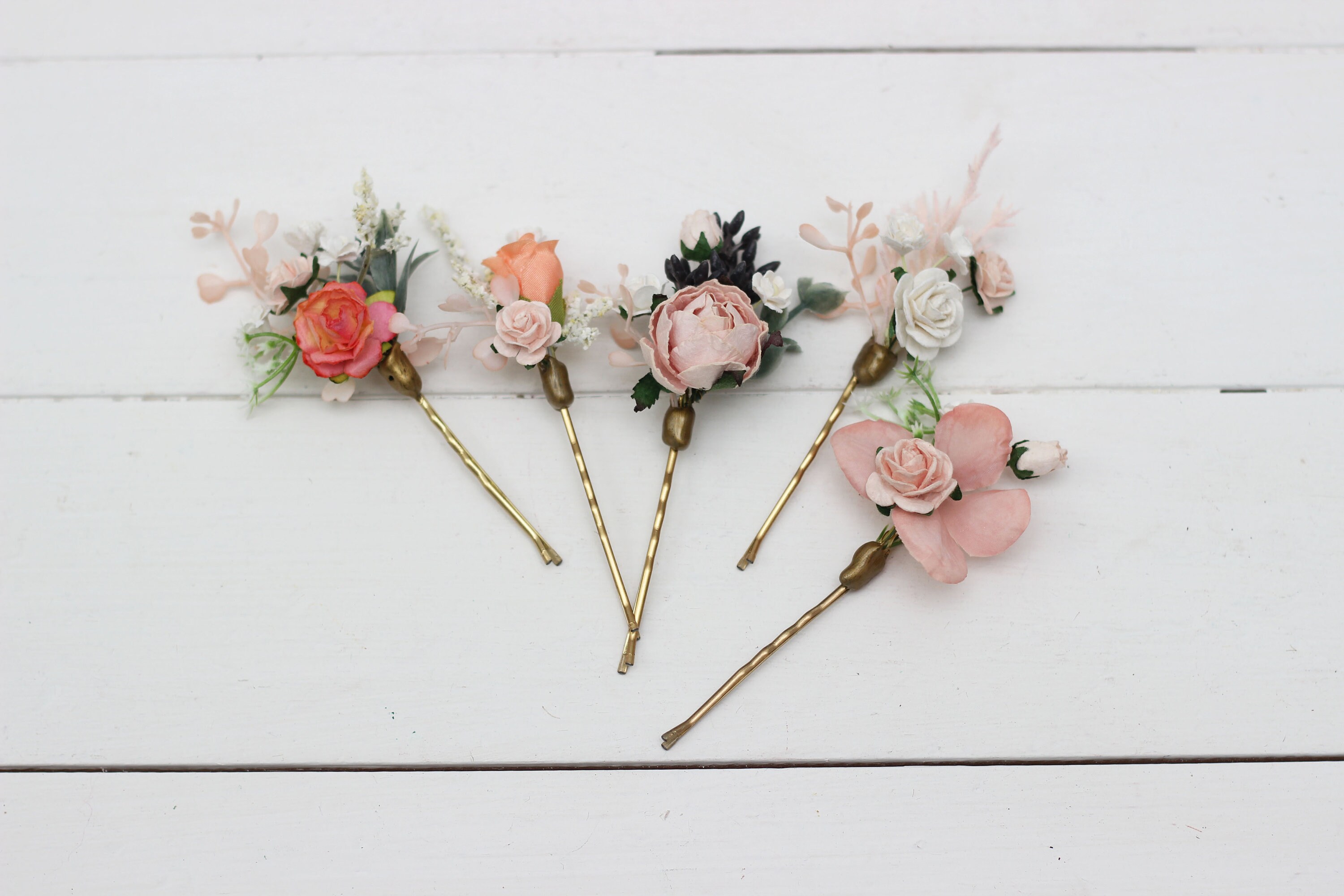 2-5 Days to USA Set of 5 Bobby Pins Pink Peach White Flowers Hair ...