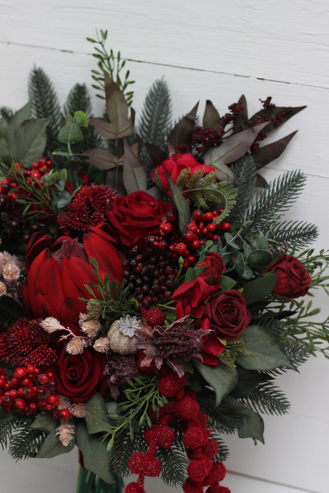 Winter Pine Bouquet Red Protea Bouquet Faux Cones Bouquet - Etsy