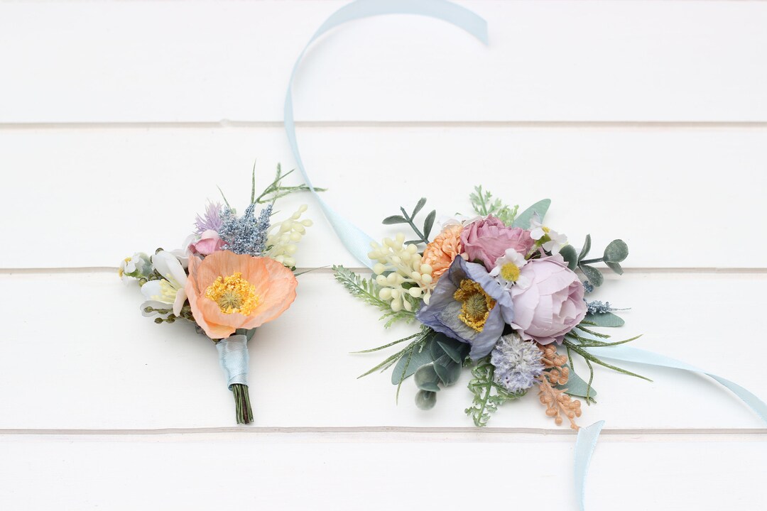 Summer Spring Wedding Colorful Boutonnieres Peach Purple Dusty Blue ...