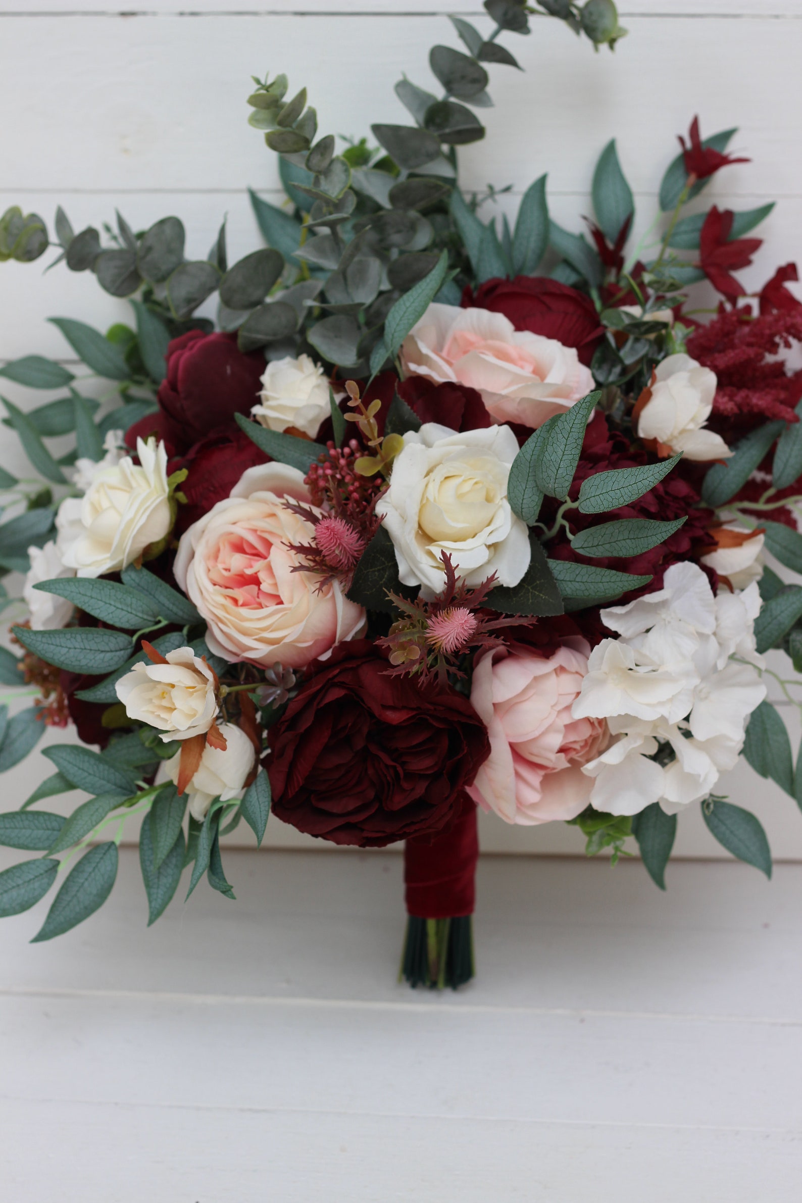 Burgundy Ivory Blush Pink Flowers Bridal Bouquet Faux Bouquet Blue ...