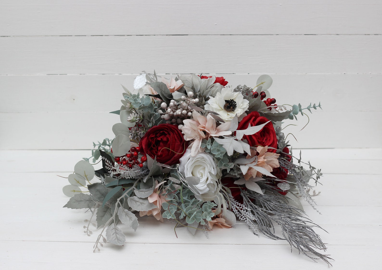 Winter Bouquet Red White Silver Grey Bouquet Classic Wedding - Etsy