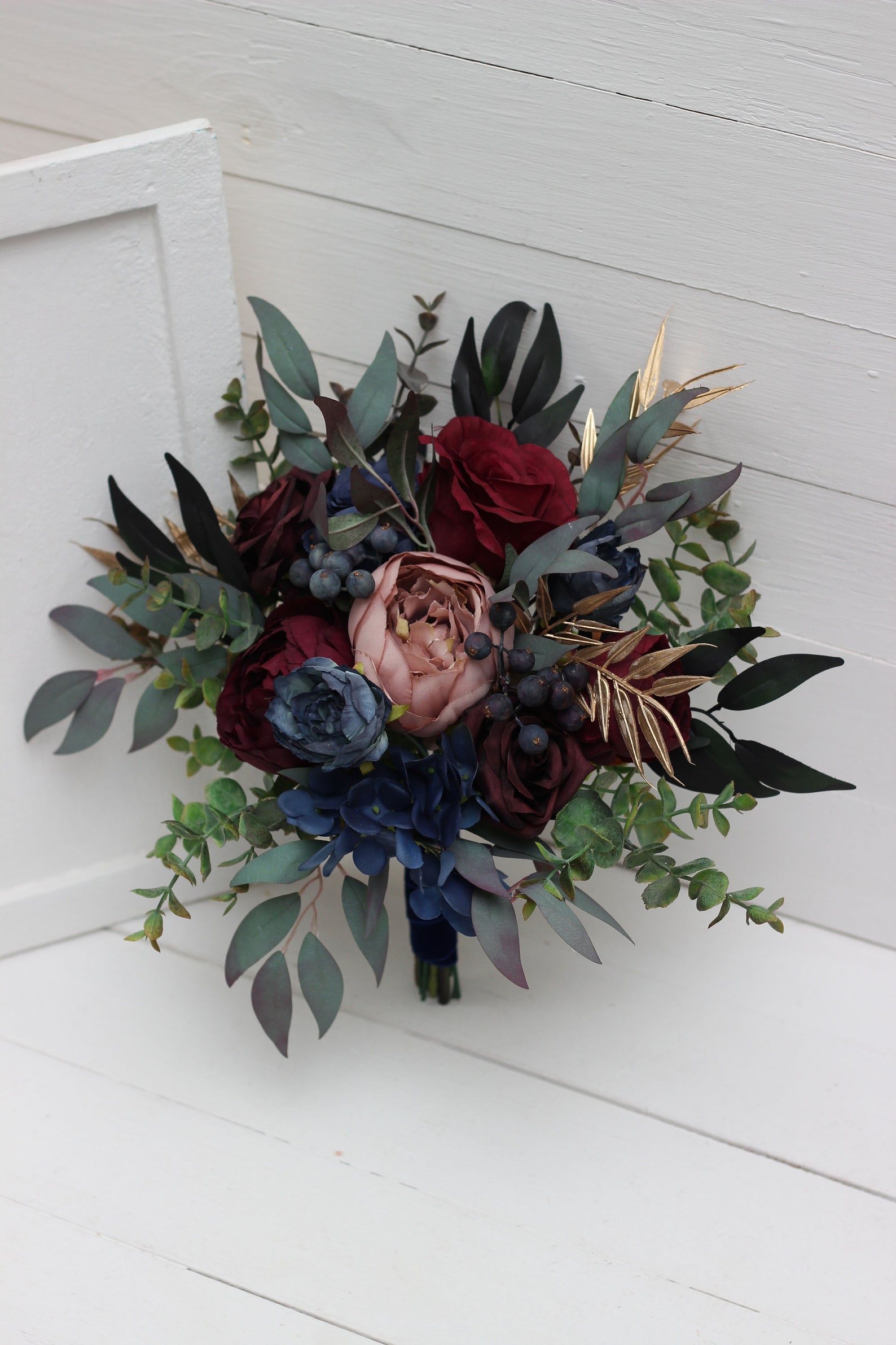 Burgundy Navy Blue Dusty Rose Gold Flowers Bridal Bouquet Faux - Etsy