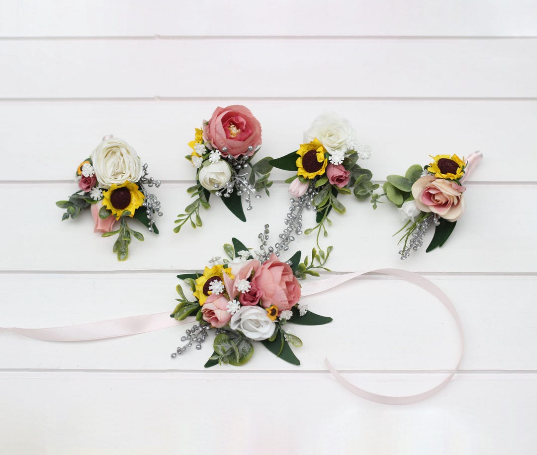 Sunflowers Boutonniere and Wrist Corsage Dusty Rose White Yellow Silver ...