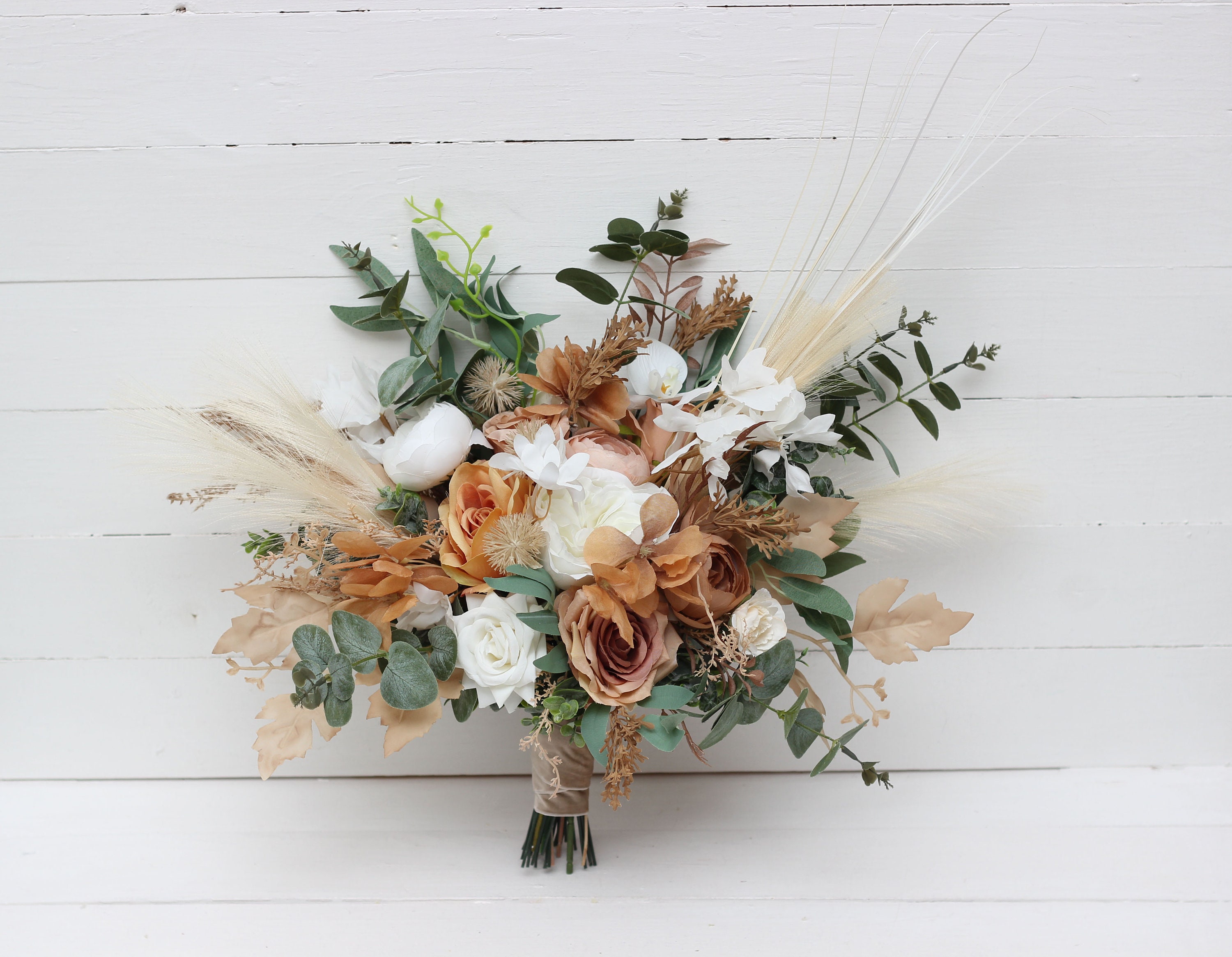 Pampas Grass Bridal Bouquet Boho Wedding Cinnamon Orange White Etsy