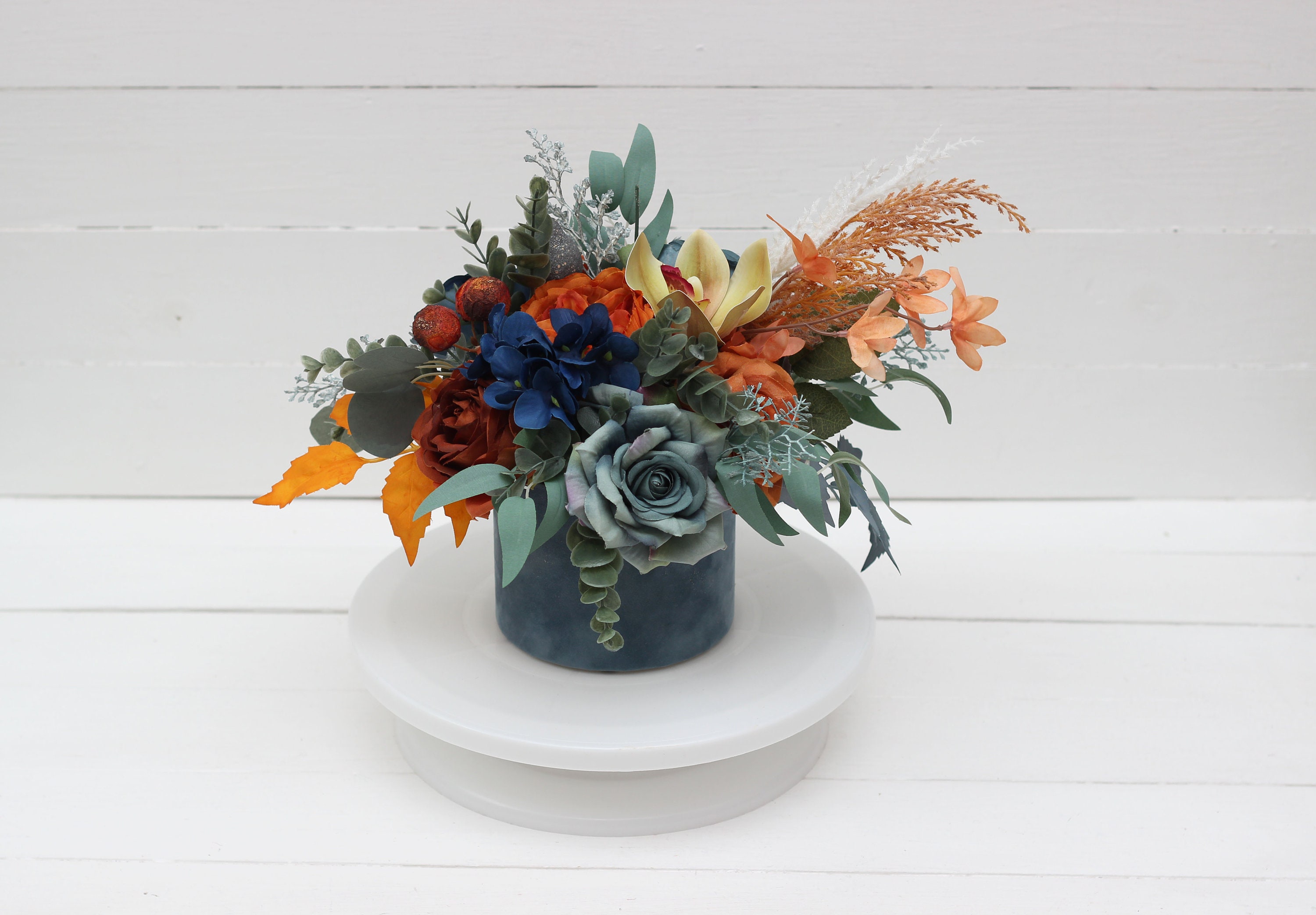 Dark Teal Rust Centerpiece Navy Blue Orange Flowers Fall Wedding Boho ...