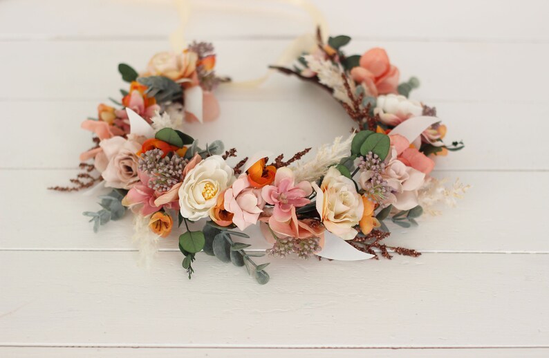 Dusty orange cream floral crown Flower wreath Wedding | Etsy