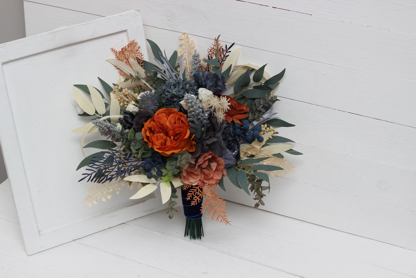 Rust Navy Blue Ivory Bouquet Classic Wedding Orange Silk Flowers Boho ...