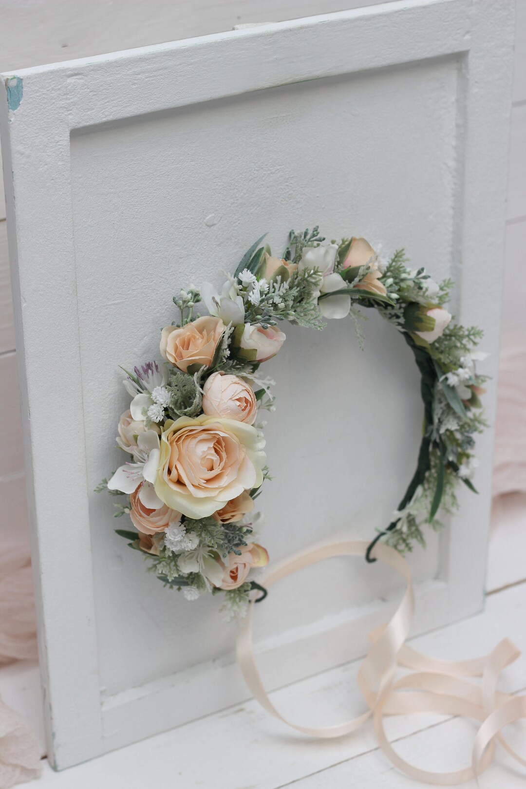 Ivory Peach Flower Crown Floral Headband Bridal Headpiece - Etsy