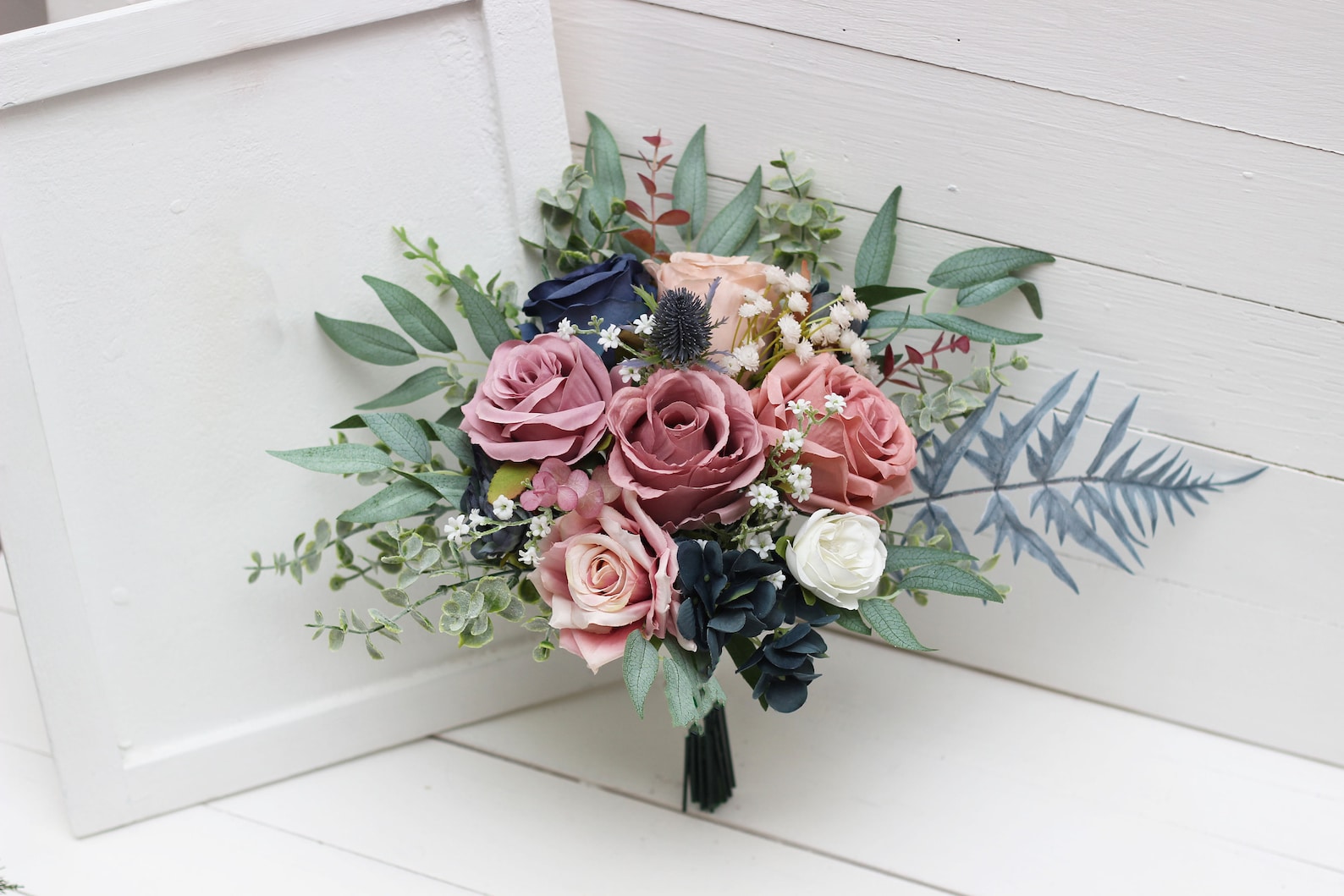 Dusty Rose Mauve Navy Blue Flowers Bridal Bouquet Faux Bouquet - Etsy