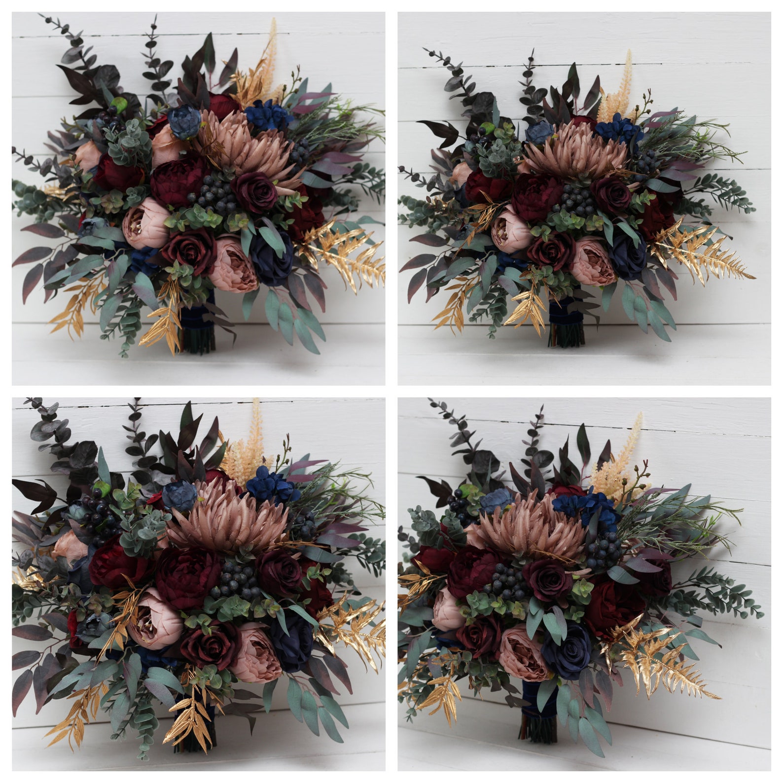 Burgundy Navy Blue Dusty Rose Gold Flowers Bridal Bouquet Faux - Etsy