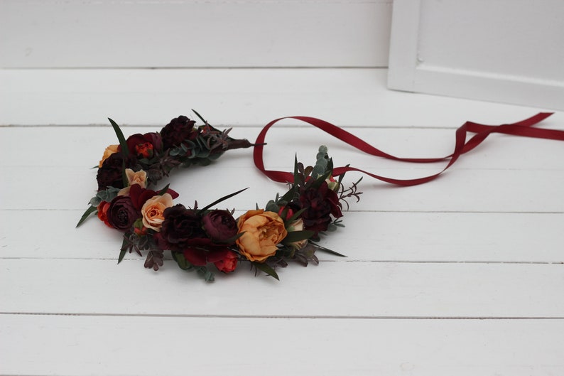 Burgundy burnt orange floral crown Rust floral wreath Wedding | Etsy