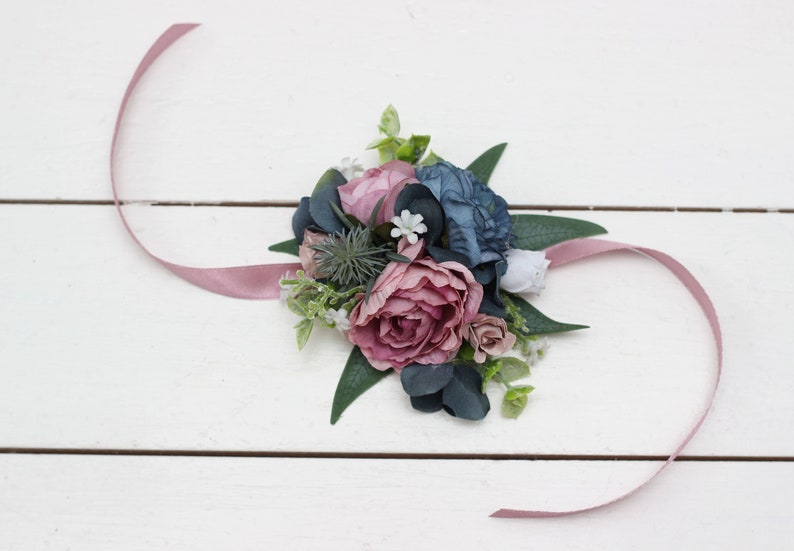 Dusty Rose Mauve Navy Blue Flowers Bridal Bouquet Faux Bouquet - Etsy