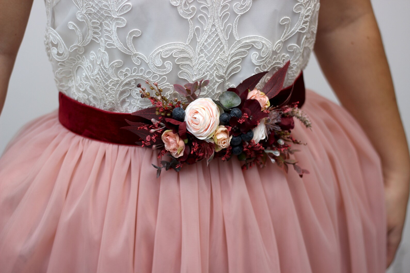 Burgundy Blush Pink Flower Belt Floral Sash Flower Girl - Etsy