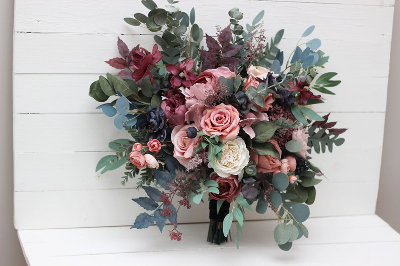 Navy Blue Dusty Rose Mauve Bridal Bouquet Faux Bouquet Wedding - Etsy