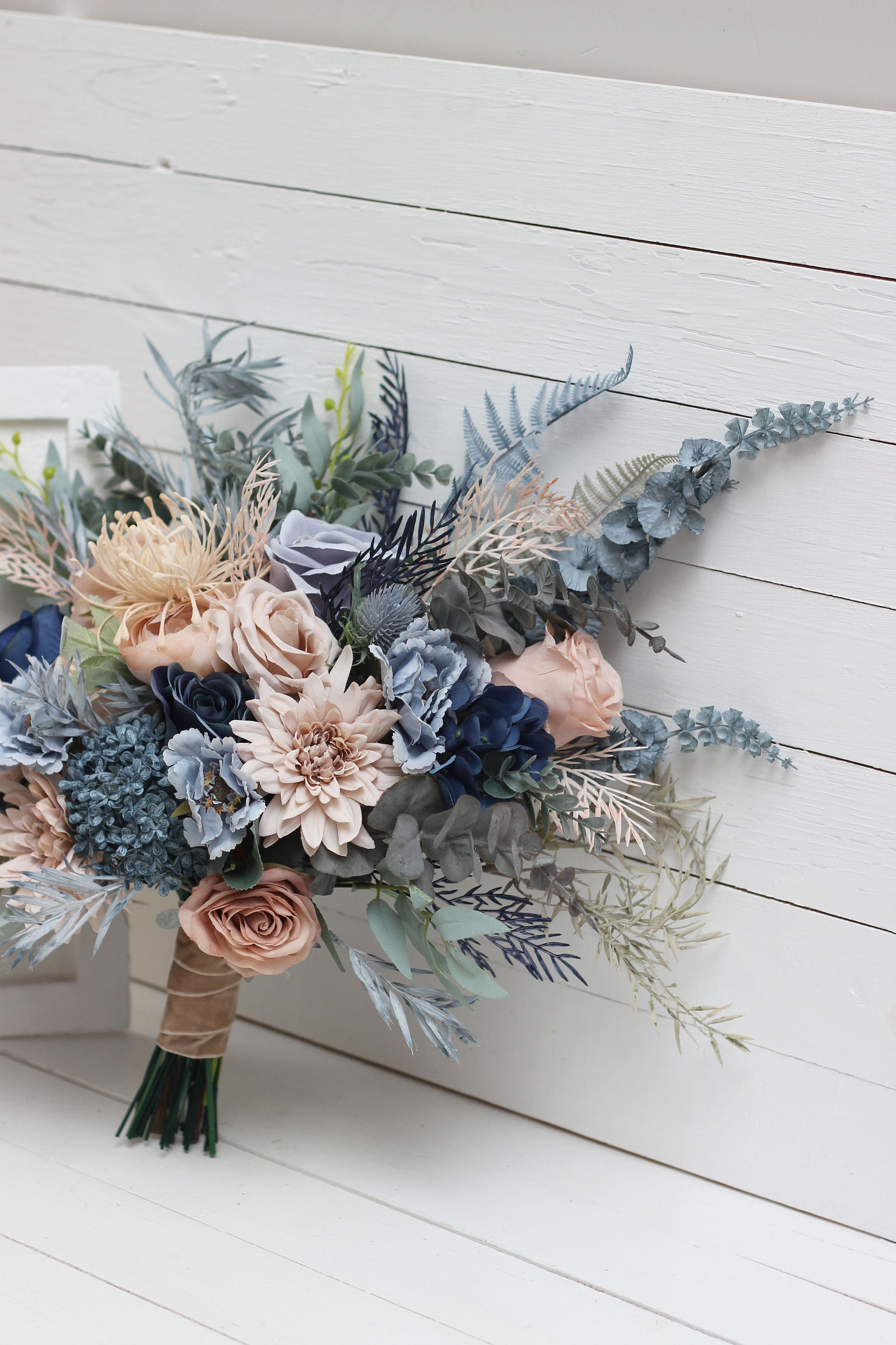 Boho Bouquet Beige Dahlia Dusty Navy Blue Flowers Bridal | Etsy