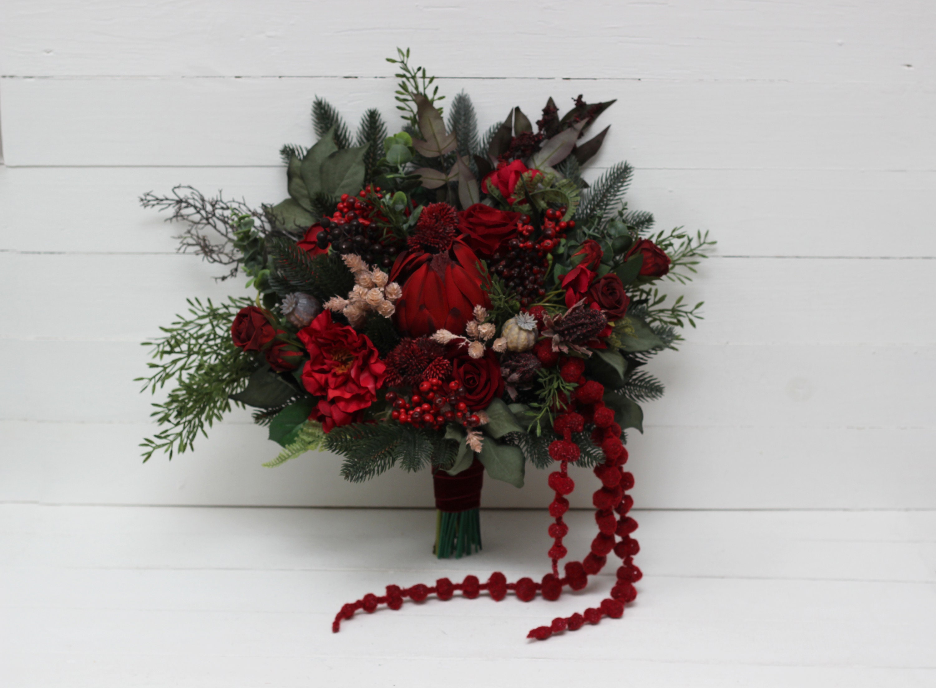 Winter Pine Bouquet Red Protea Bouquet Faux Cones Bouquet Classic ...