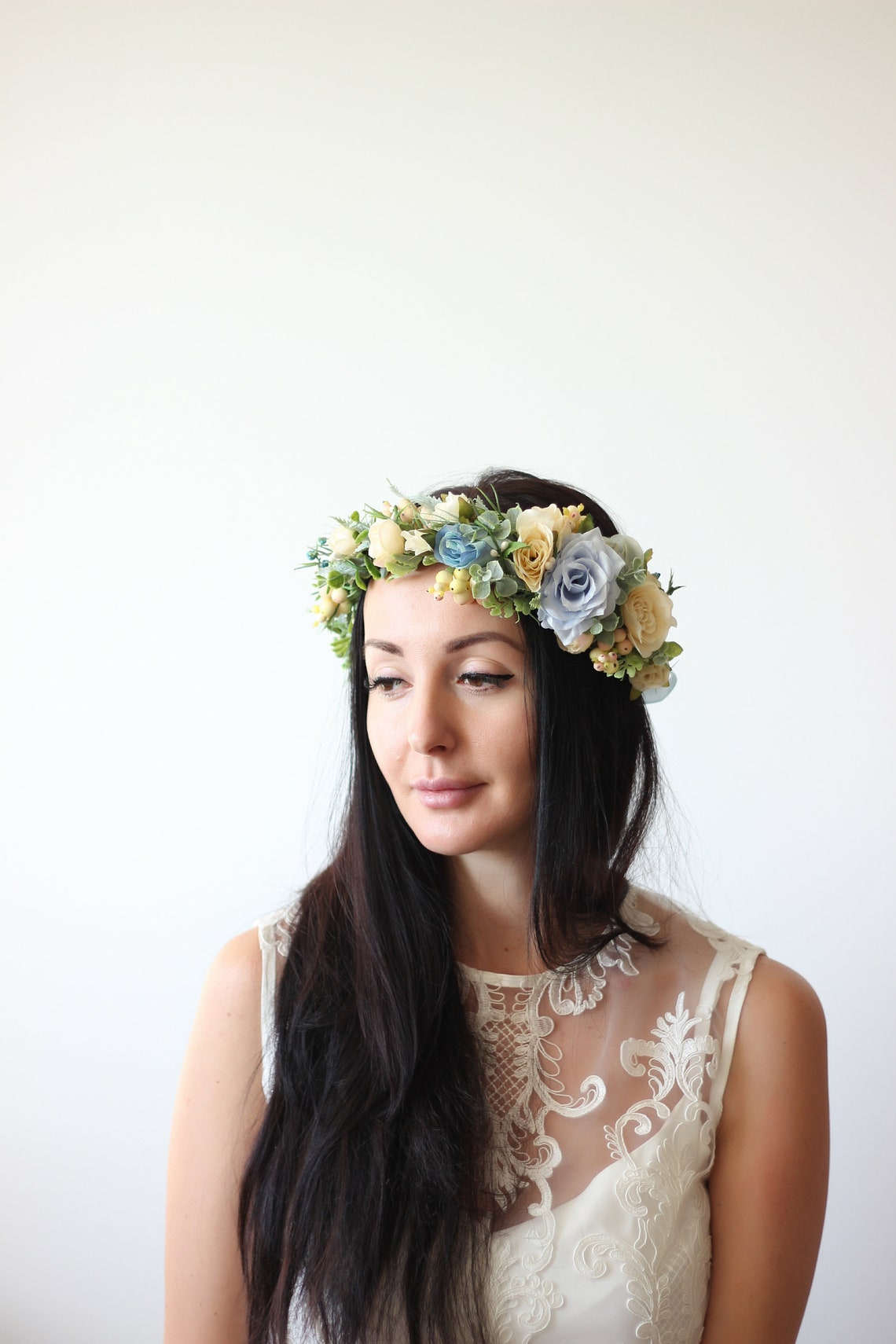 Sky Blue Cream Flower Crown Greenery Hair Wreath Romantic - Etsy