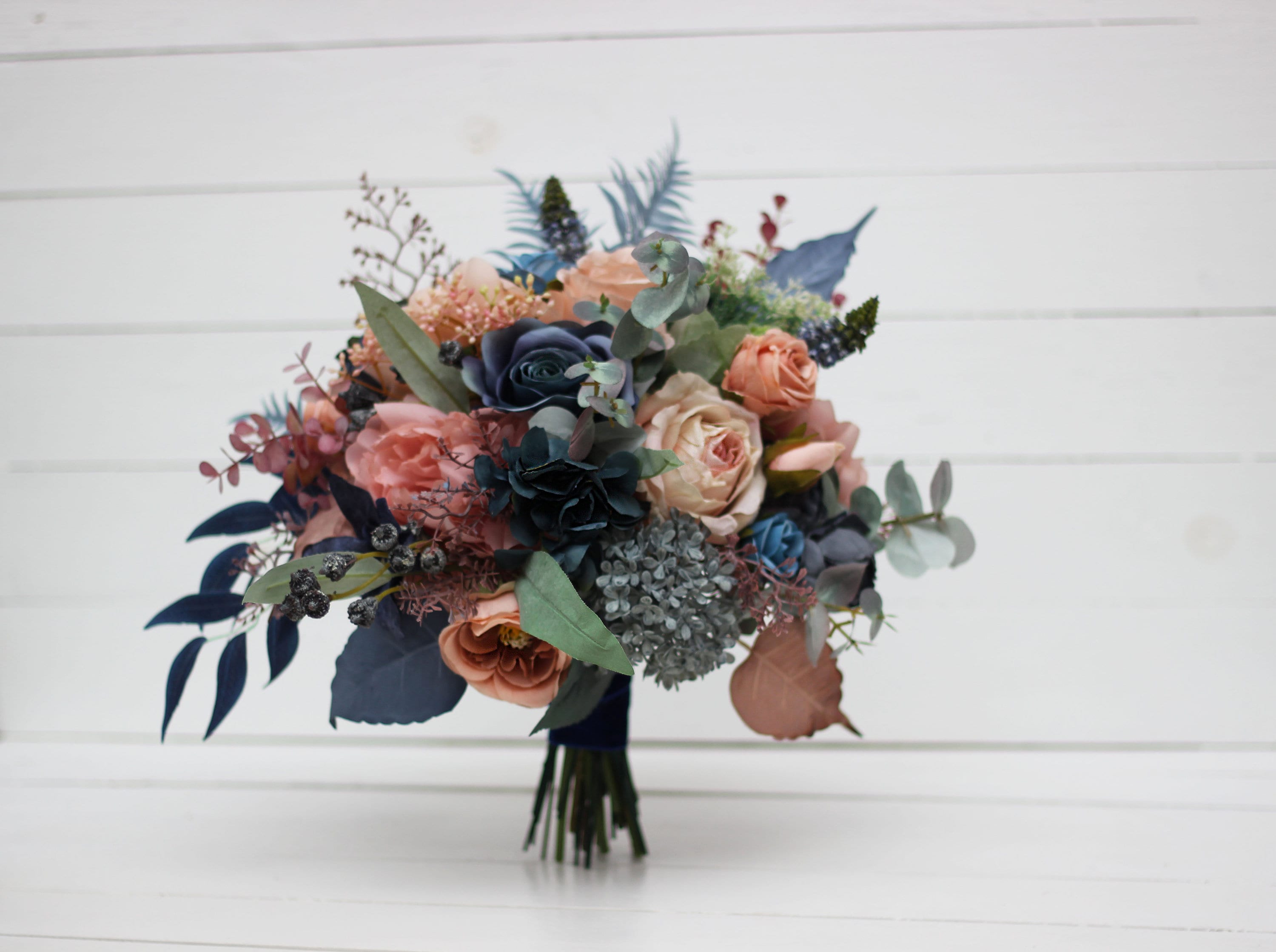 Navy blue dusty rose bridal bouquet Faux bouquet Wedding | Etsy