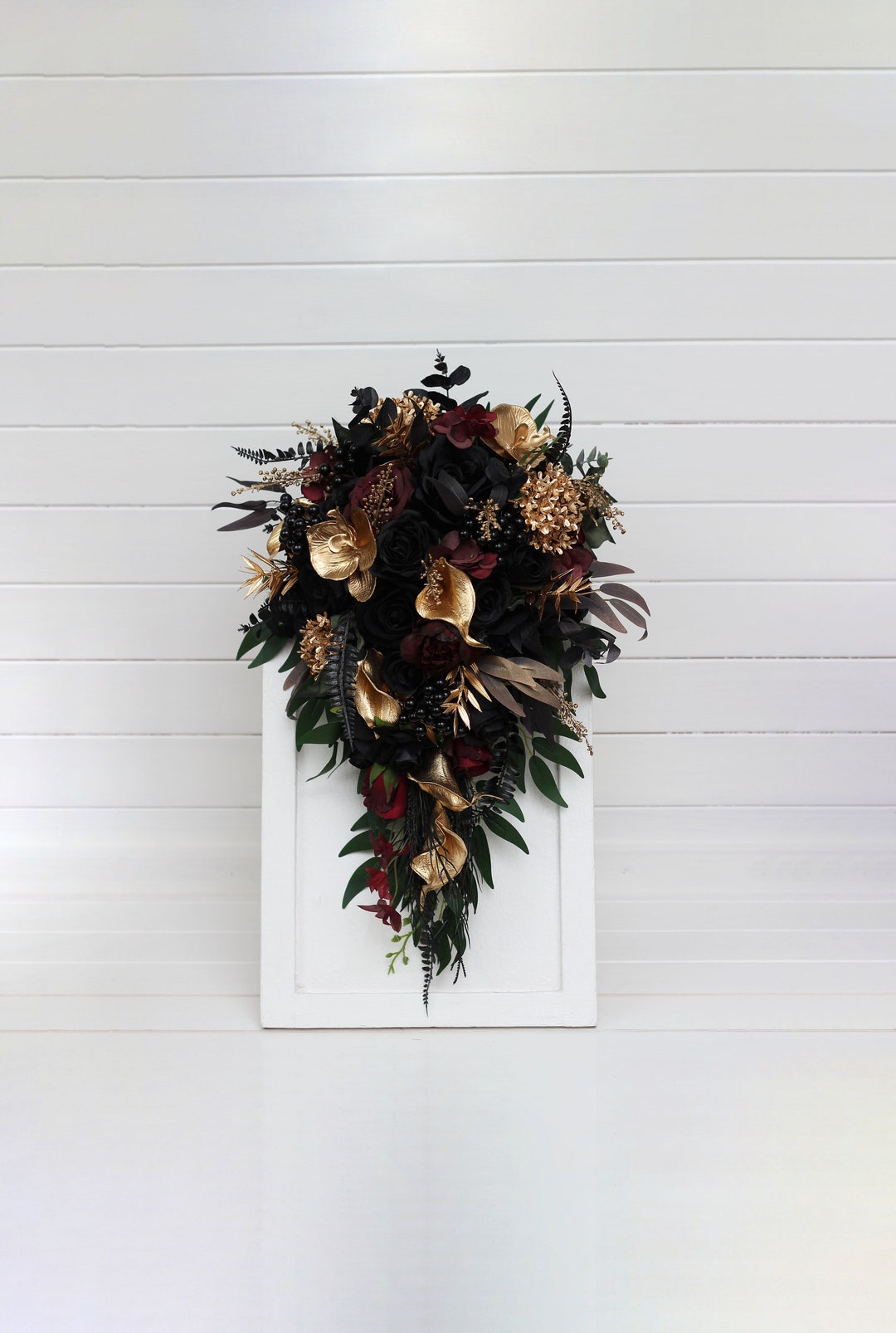 Cascading Bouquet Burgundy Black Gold Flowers Fall Bridal Bouquet Faux ...