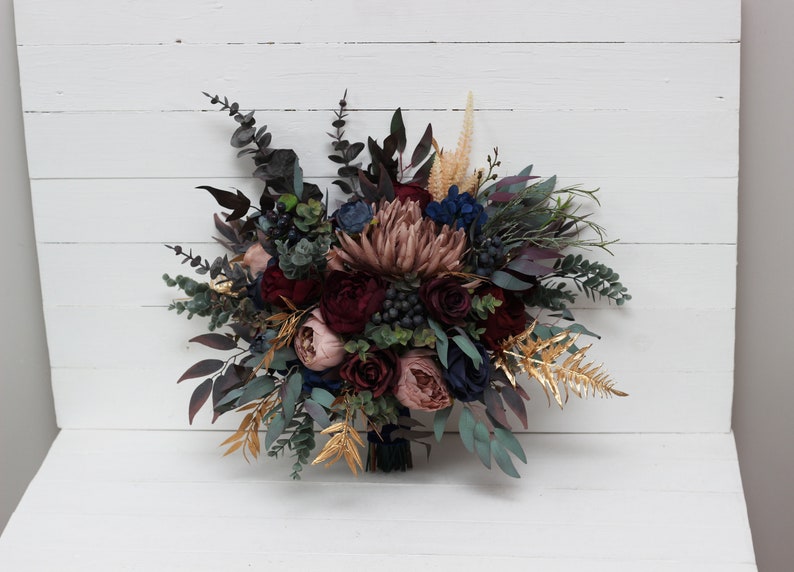 Burgundy Navy Blue Dusty Rose Gold Flowers Bridal Bouquet Faux - Etsy