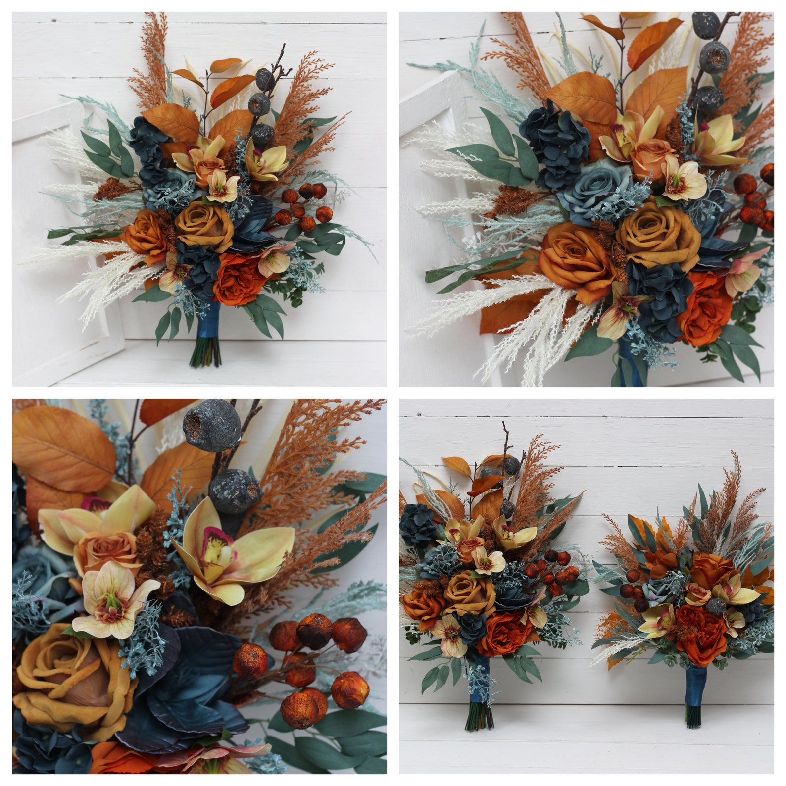 Dark Teal Rust Bouquet Navy Blue Orange Flowers Bridal Bouquet - Etsy