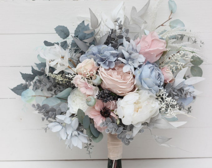 Boho Bridal Bouquet, Blush Pink and Blue Wedding Bouquet, Wedding ...