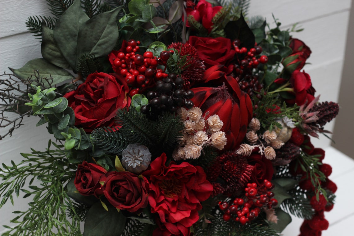 Winter Pine Bouquet Red Protea Bouquet Faux Cones Bouquet - Etsy