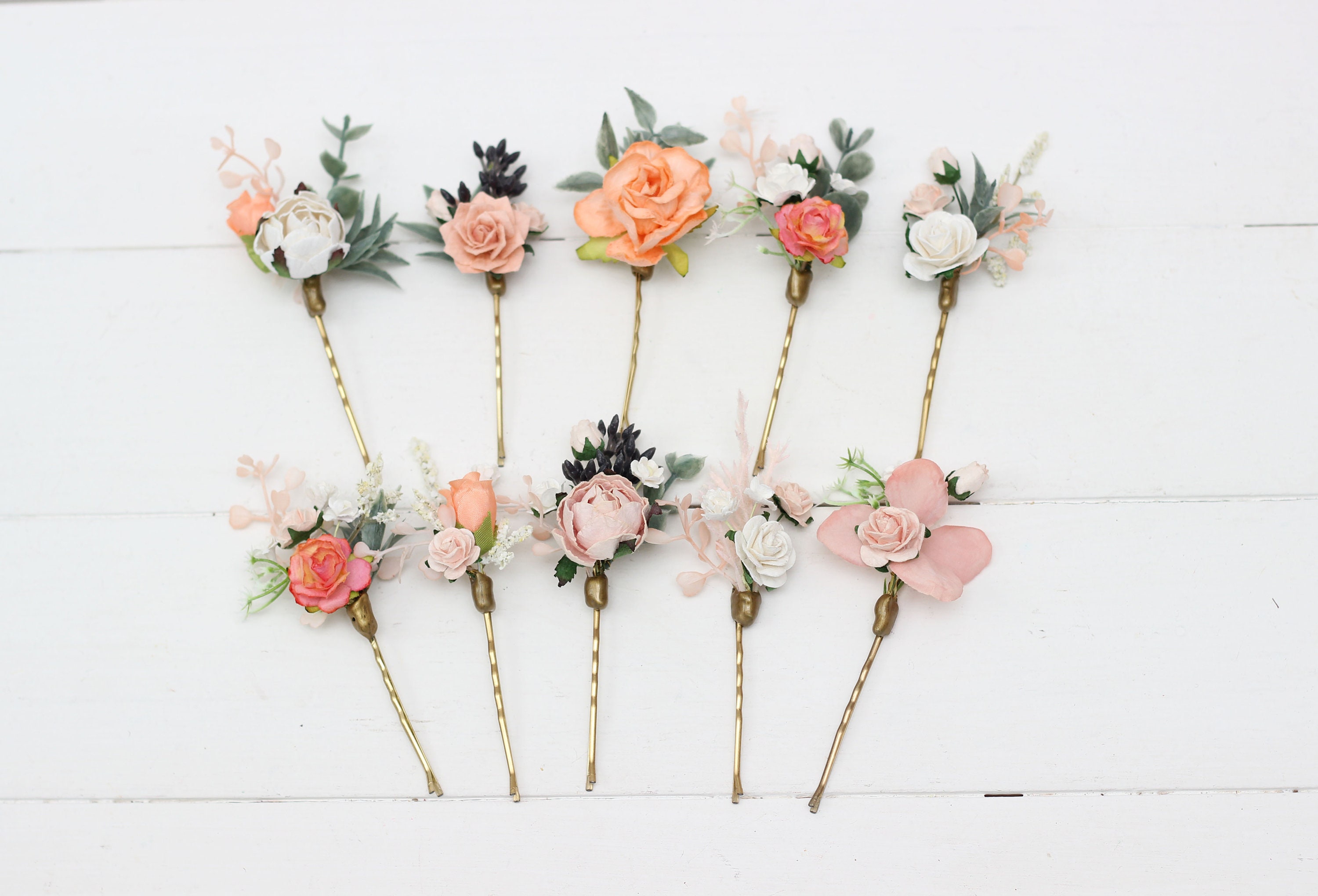 Set of Bobby Pins Pink Peach White Flowers Fall Wedding Hair ...